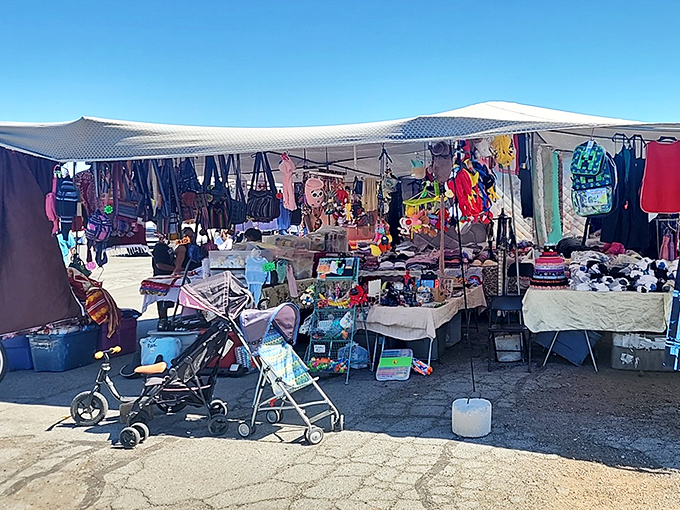 Canopies and tables create a bargain village where everything from baby strollers to backpacks awaits new owners.