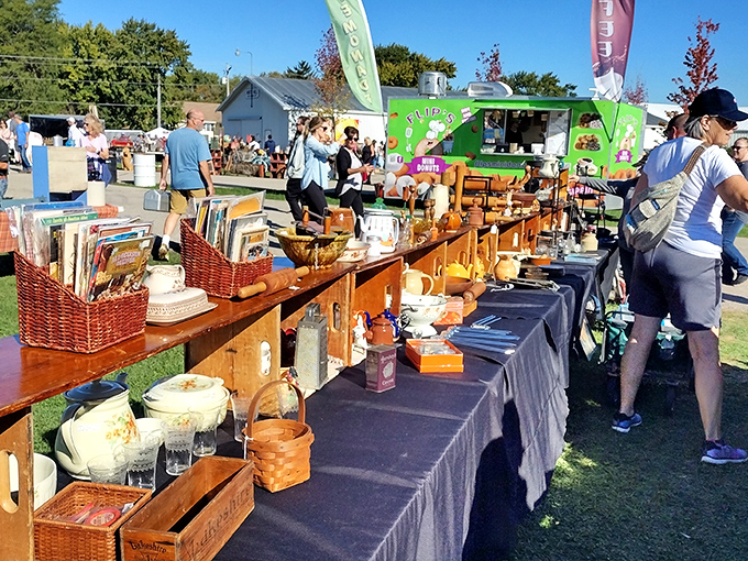 Wicker baskets and vintage finds create an outdoor antique wonderland that would make grandma proud.