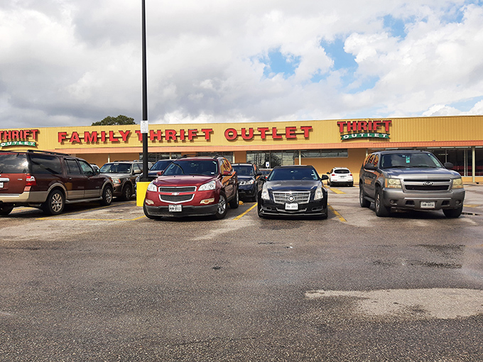 Family Thrift Center Outlet's bright yellow sign shines like a beacon for bargain hunters. The parking lot's full&mdash;always a good sign!