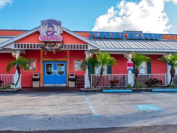 Florida's Seafood Bar & Grill's coral-colored charm stands out like a delicious beacon for hungry beachgoers.
