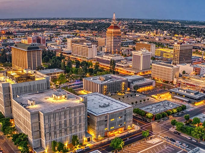Fresno's downtown rises from the Valley floor like a mirage, proving there's urban sophistication between the coasts. 