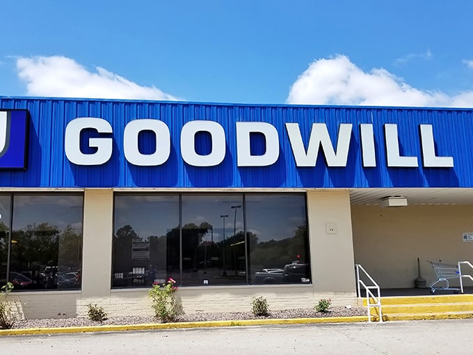 That classic blue Goodwill sign is like a beacon calling to bargain hunters across the Prairie State.