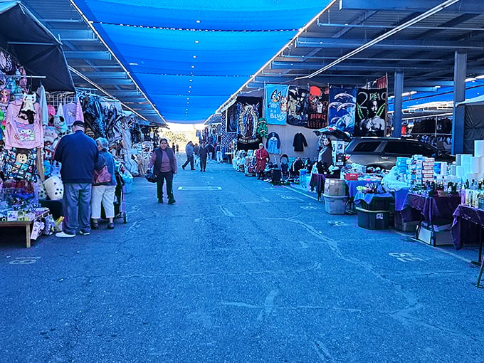 Under blue tarps, shoppers navigate this covered marketplace wonderland. Every aisle promises a new discovery waiting to be found.