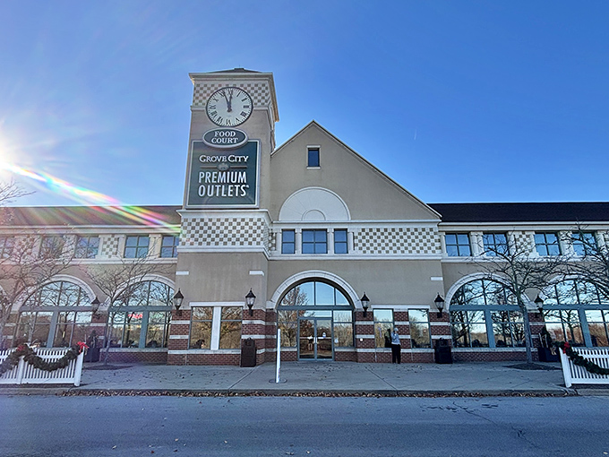 Grove City's iconic clock tower stands sentinel over bargain hunters. Time literally stops when you're scoring 70% off designer labels.