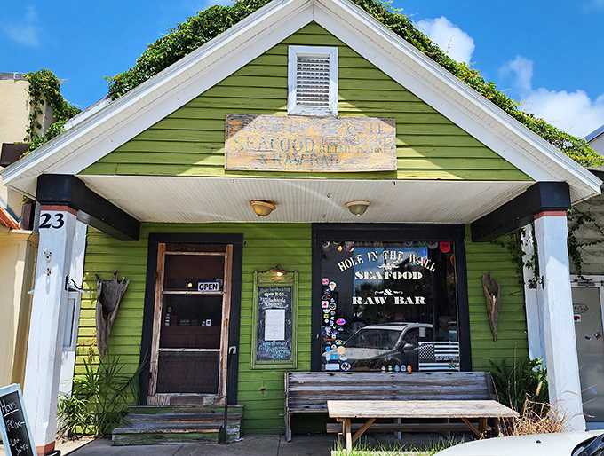 The lime-green cottage that seafood dreams are made of! Hole in the Wall lives up to its name&mdash;unassuming on the outside, unforgettable on the inside.