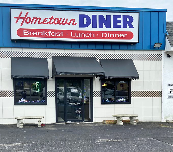 Classic checkered trim and simple blue facade hide a breakfast paradise that locals have cherished for years.