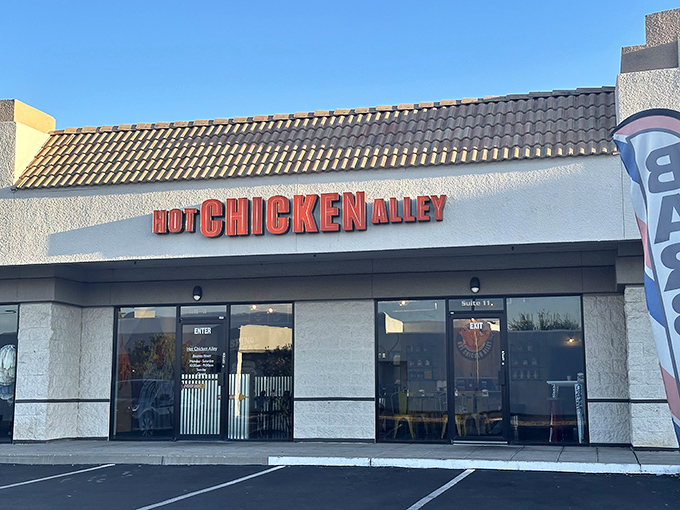 Hot Chicken Alley's storefront promises fire, and brother, they deliver on that spicy contract every single time.