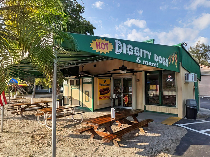 Hot Diggity Dogs brings that backyard barbecue feeling to your neighborhood with their cheerful green awning and friendly vibe.