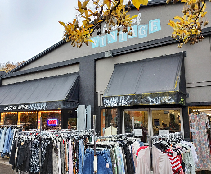 House of Vintage displays its wares right on the sidewalk. Like a fashion time machine spilling its contents onto the street!