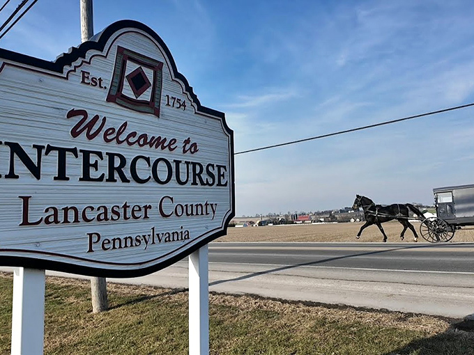 Welcome to Intercourse - yes, that's really the name, and yes, the buggies still have right-of-way.