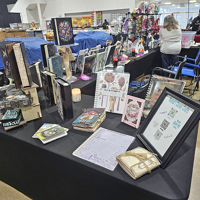 Indoor displays showcase handmade crafts and vintage finds in organized, welcoming booth spaces.