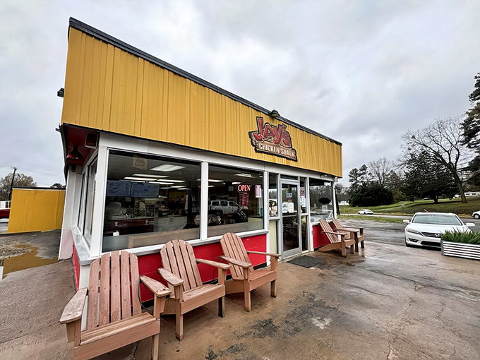 Jay's humble yellow exterior proves the best chicken often comes from the most unassuming places.