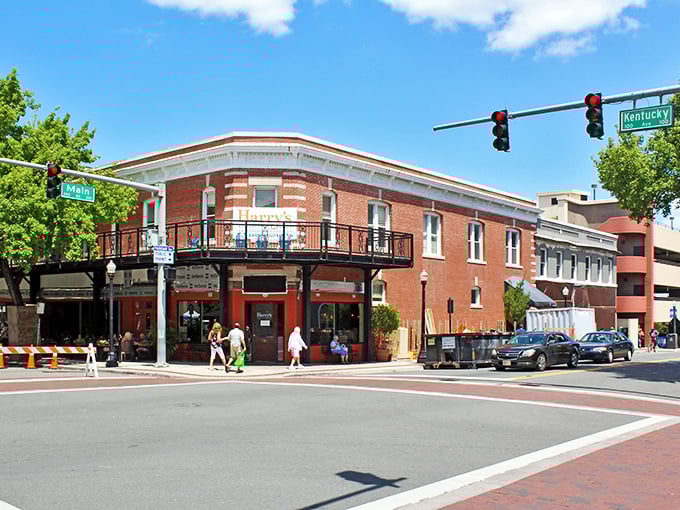 Historic brick buildings stand proud like seasoned actors still commanding the stage beautifully.