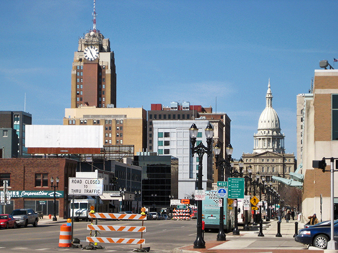 Lansing's skyline features the iconic Michigan State Capitol dome, where history and government blend in the heart of the city.