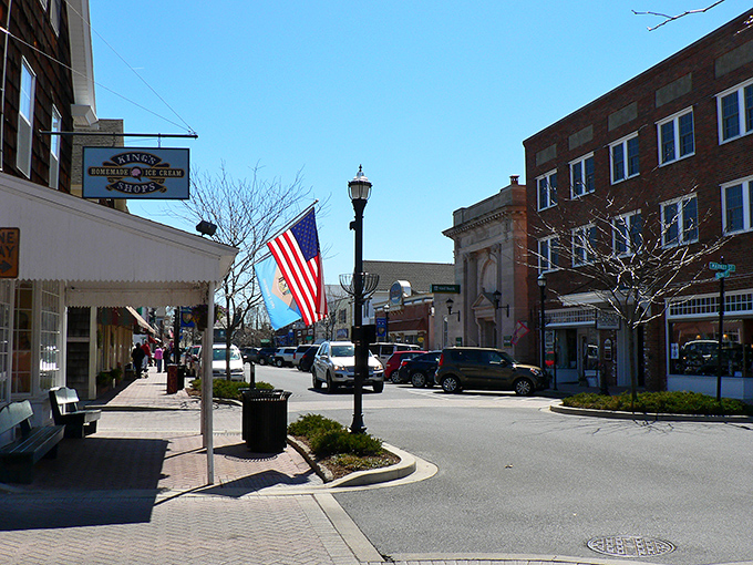 Lewes shows how a charming street full of shops can age gracefully, with an American flag waving proudly.