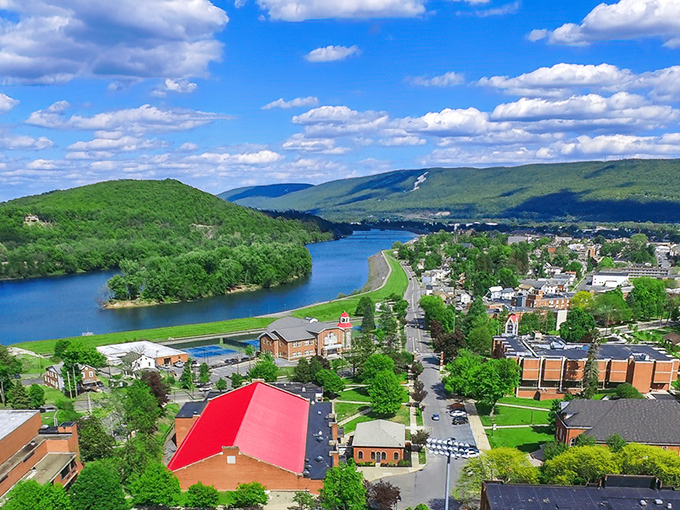 Lock Haven's stunning aerial view showcases the perfect marriage of mountain vistas and riverfront living without the premium price tag.