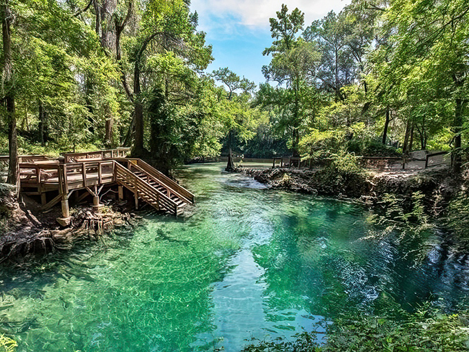 "Wooden walkways lead to liquid sapphire! Madison Blue Spring offers the kind of swimming hole that makes you wonder why anyone bothered inventing pools."
