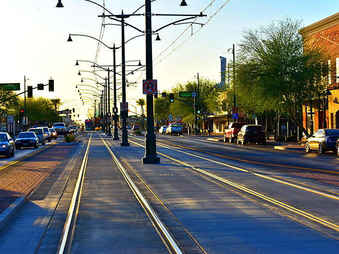 Mesa's light rail glides through downtown like a gentle reminder that progress can be peaceful.