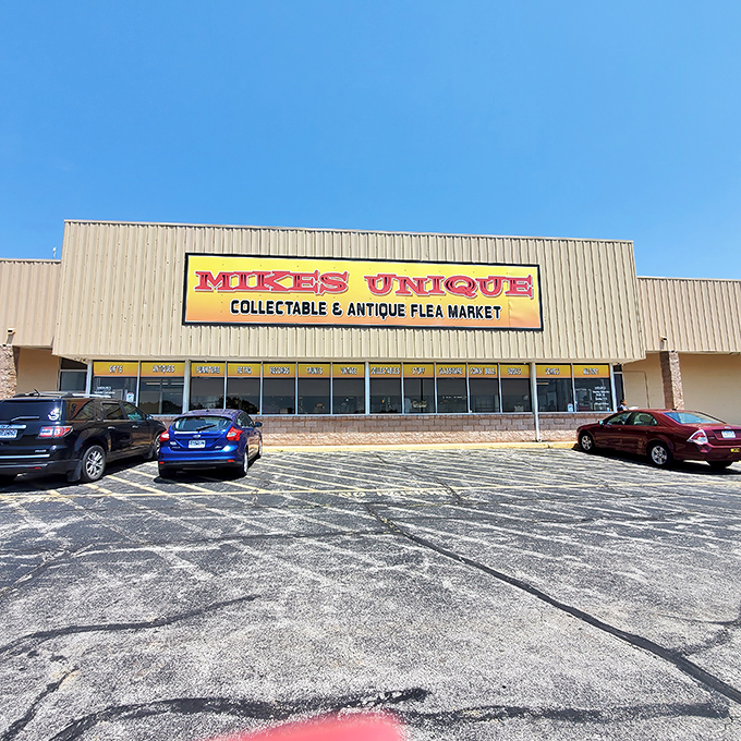 Mike's Unique announces itself boldly against the blue sky. This treasure cave is where wallets breathe easy and collectors' hearts race.