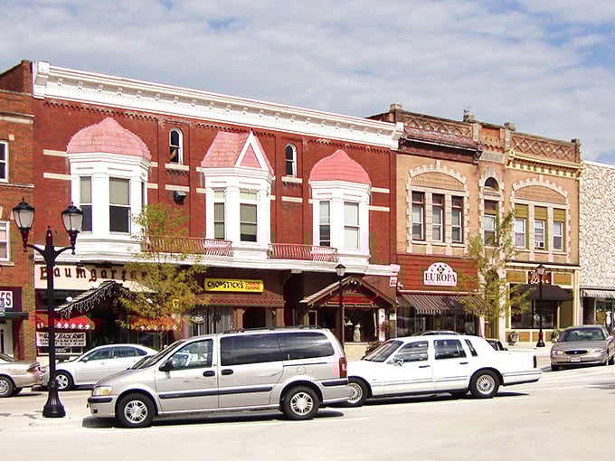 Classic storefronts line up like old friends, each one promising fair prices and genuine Midwestern hospitality.