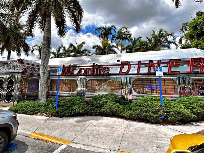 Chrome gleams under Florida sun at this time capsule diner serving shakes since Eisenhower was president.