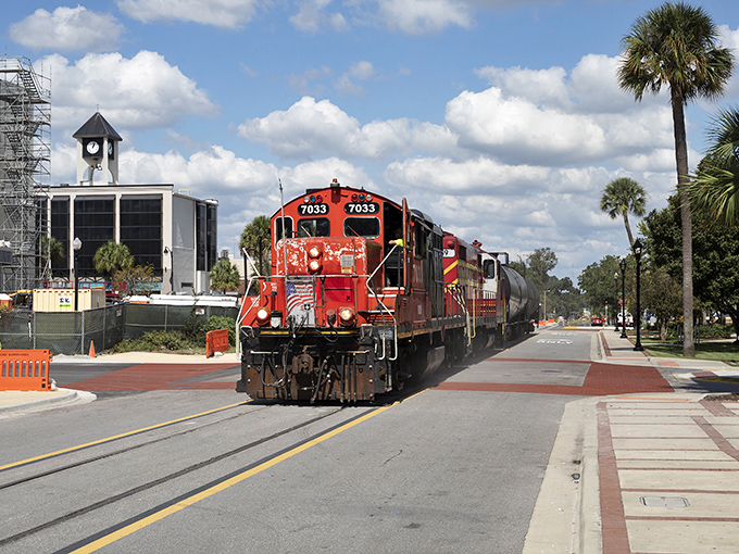 Ocala's downtown charm meets modern convenience where that bright red train still rolls through like clockwork.