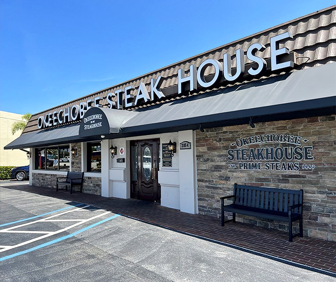 Classic stone and simple signage - this is how steakhouses looked when handshakes meant something.
