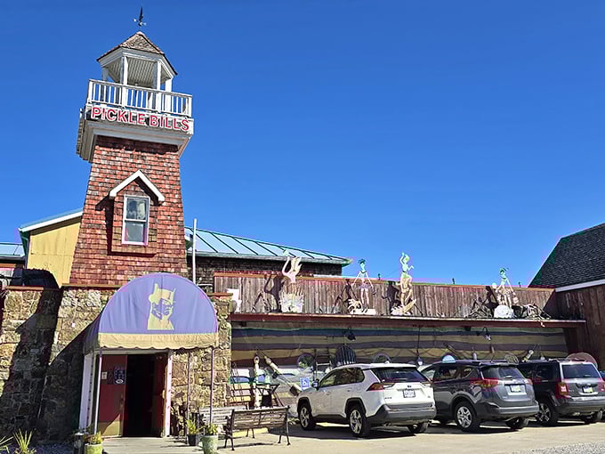 Ahoy, hungry sailors! Pickle Bill's lighthouse-topped restaurant stands like a beacon for seafood lovers, promising treasures from the deep in landlocked Ohio.