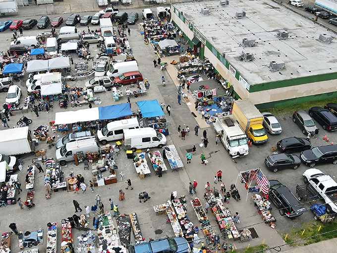 An aerial view reveals organized chaos where Philly's bargain hunters converge like ants at the world's best picnic.
