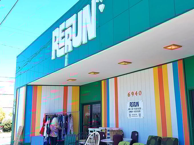 That turquoise facade screams "groovy finds inside" louder than a disco ball at Studio 54 - and twice as stylish.