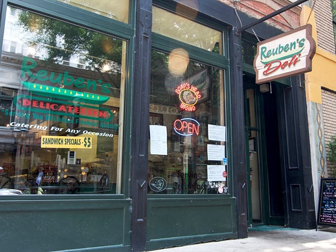 Classic neon and vintage storefront charm! Reuben's window promises "$5 sandwich specials" that would make any New Yorker do a double-take at those Georgia prices.
