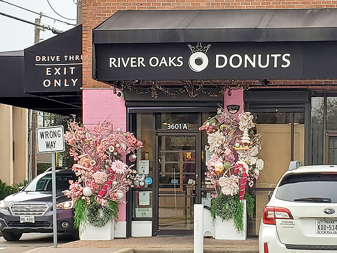 River Oaks Donuts brings a touch of elegance to the humble donut, with festive decorations framing the entrance.