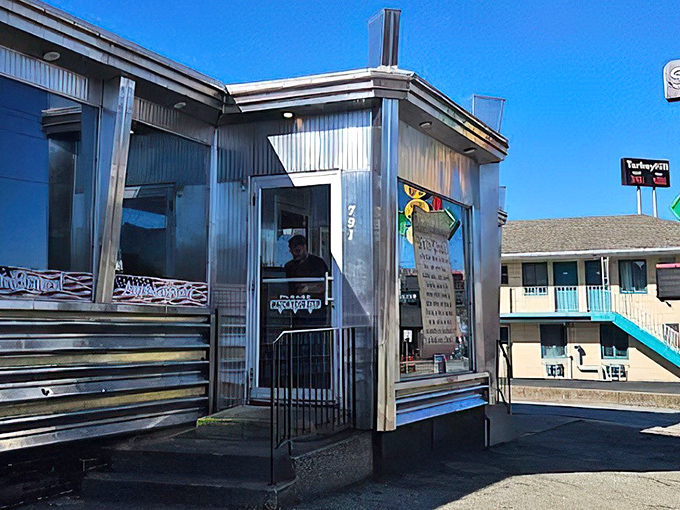 Summit Diner's classic stainless steel exterior is like a time machine to when diners ruled American roadways and calories weren't invented yet.