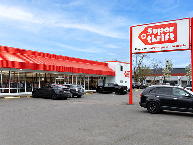 SuperThrift's bright red signage promises exactly what it delivers - super savings on everything imaginable.