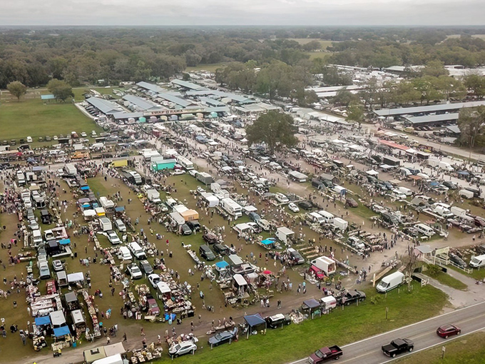 From above, this flea market looks like a perfectly organized treasure hunt spanning acres of possibilities.