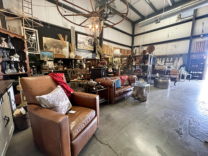 Industrial chic meets treasure hunter's paradise &ndash; where leather chairs wait for their next living room adventure.