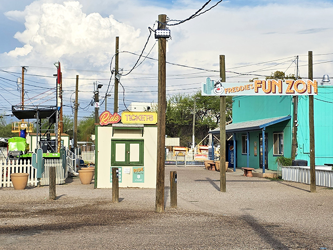 Desert charm meets quirky commerce where "Freddie's Fun Zone" promises adventures beyond your wildest garage sale dreams.