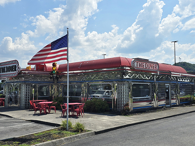 The Diner's gleaming silver exterior and classic American flag scream "road trip destination" &ndash; like finding a 1950s postcard come to life.