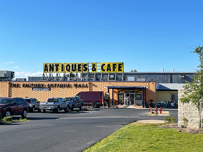 The Factory Antique Mall's bold yellow sign promises both treasures and treats. Fuel up, then hunt down!