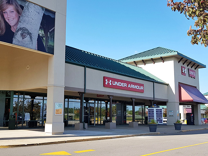 Under Armour's storefront promises athletic gear without the athletic price tag. The green-roofed charm of Fremont's outlets makes bargain hunting civilized!