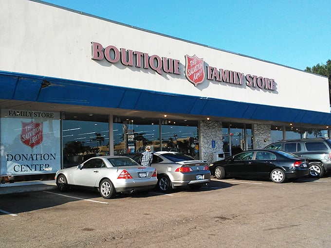 Blue awnings and big dreams! The Salvation Army's San Diego store promises bargain adventures behind those welcoming doors.
