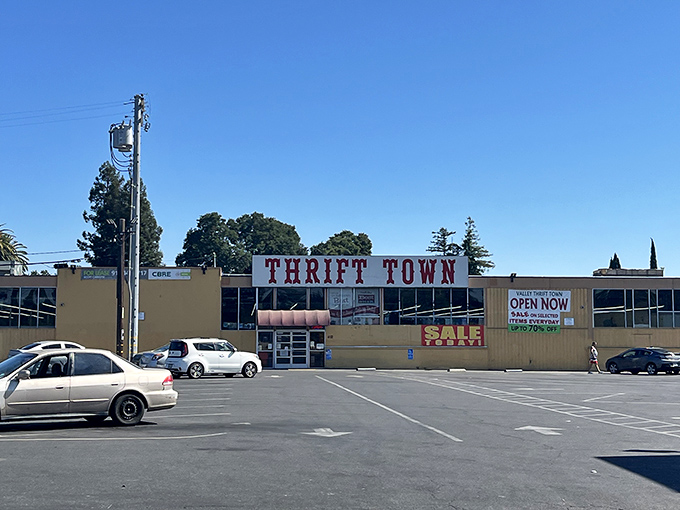 Thrift Town's retro signage stands proud against the California sky. This Sacramento institution has been turning one person's castoffs into another's treasures for decades.