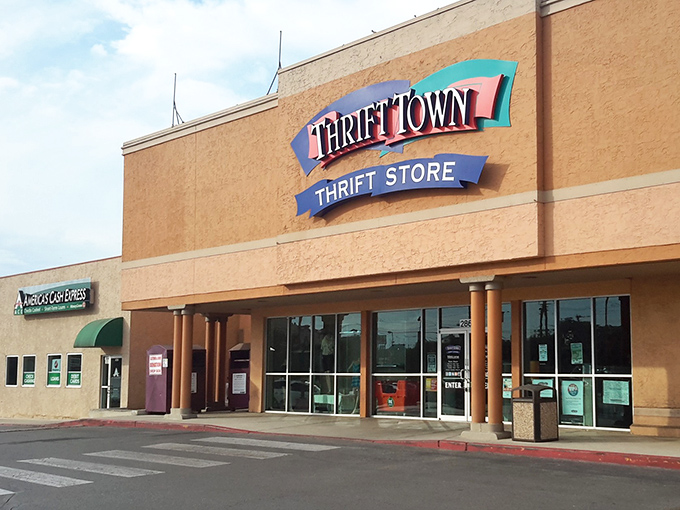 Thrift Town's desert-toned exterior hides a rainbow of color-coded treasures inside. The thrill of the hunt begins at these doors!