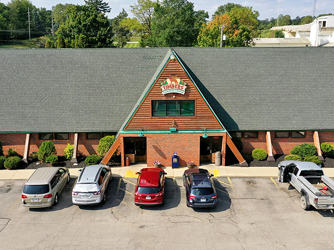 That A-frame architecture promises cozy cabin vibes and steaks worth the scenic drive.