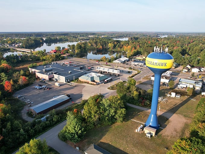 That towering water tower announces "Welcome to Tomahawk" like a friendly giant greeting visitors.