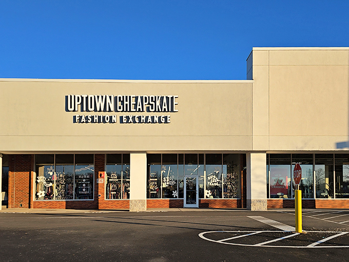 Uptown Cheapskate's sleek exterior hints at the fashionable finds waiting inside &ndash; boutique style, thrift store prices.