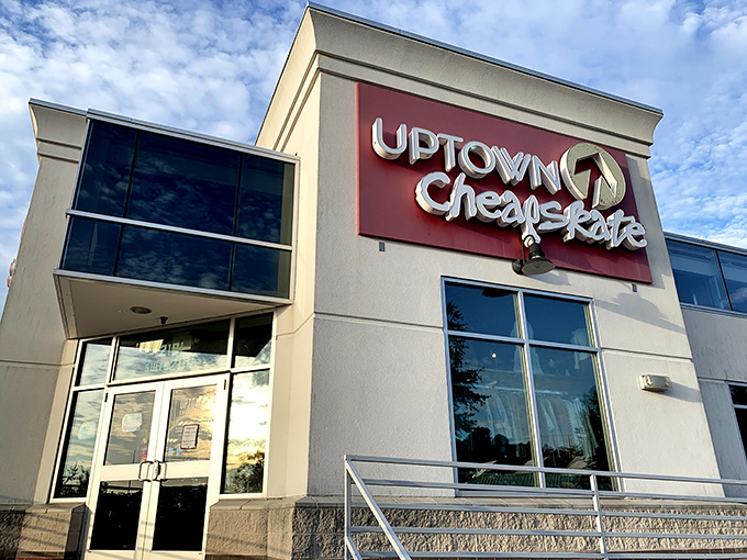 Uptown Cheapskate's modern facade hints at designer finds waiting within - thrift shopping meets boutique style perfectly.