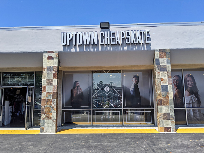 Uptown Cheapskate's sleek storefront whispers "trendy finds ahead" to fashion-forward treasure hunters passing by.