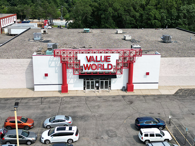Value World's bold red signage stands out like a beacon calling all treasure hunters to this thrifting paradise.