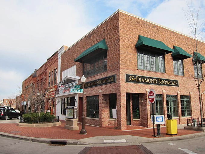 The Diamond Showcase corner building anchors a downtown where people still dress up for Saturday shopping.